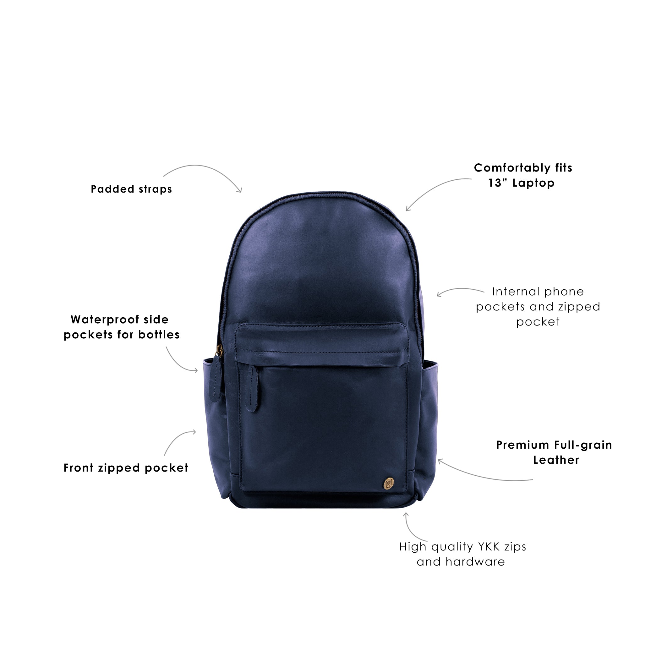 Personalized Navy Leather Backpack with Side Pockets And 13 Inch Laptop ...