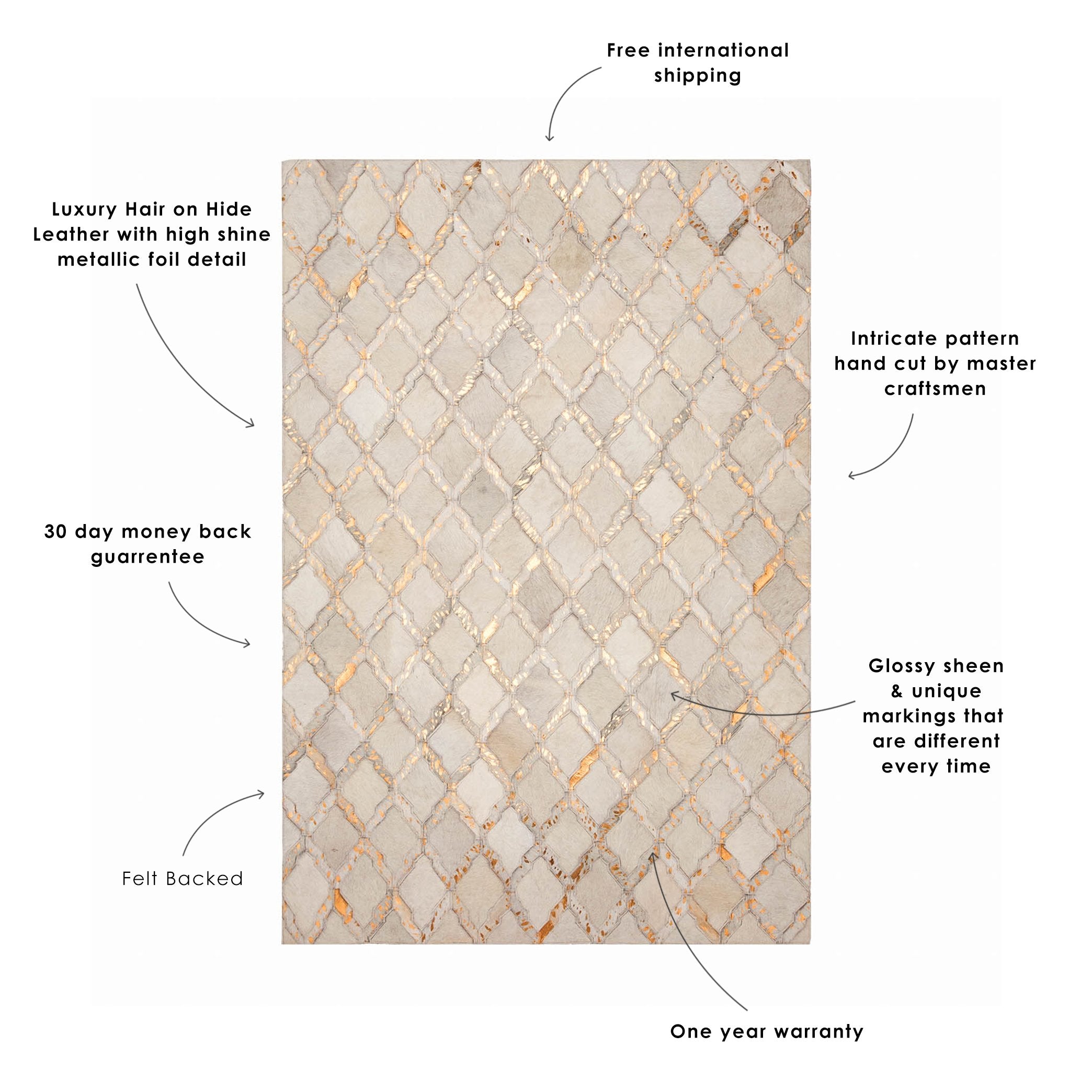Cream & Gold Moroccan Inspired Geometric Cowhide Rug | Cattle Hide Rug ...