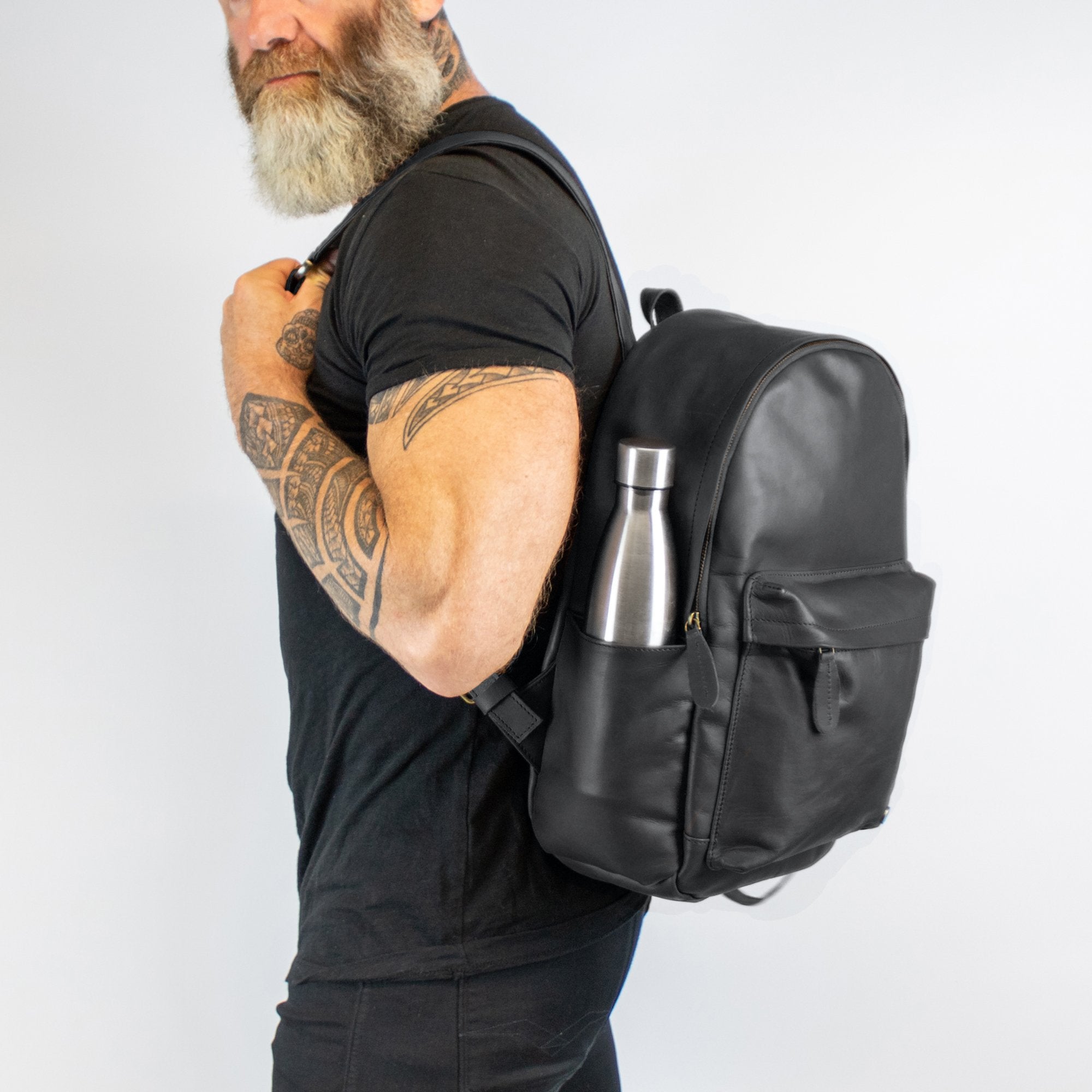 Personalized Black Leather Backpack with Side Pockets – MAHI Leather