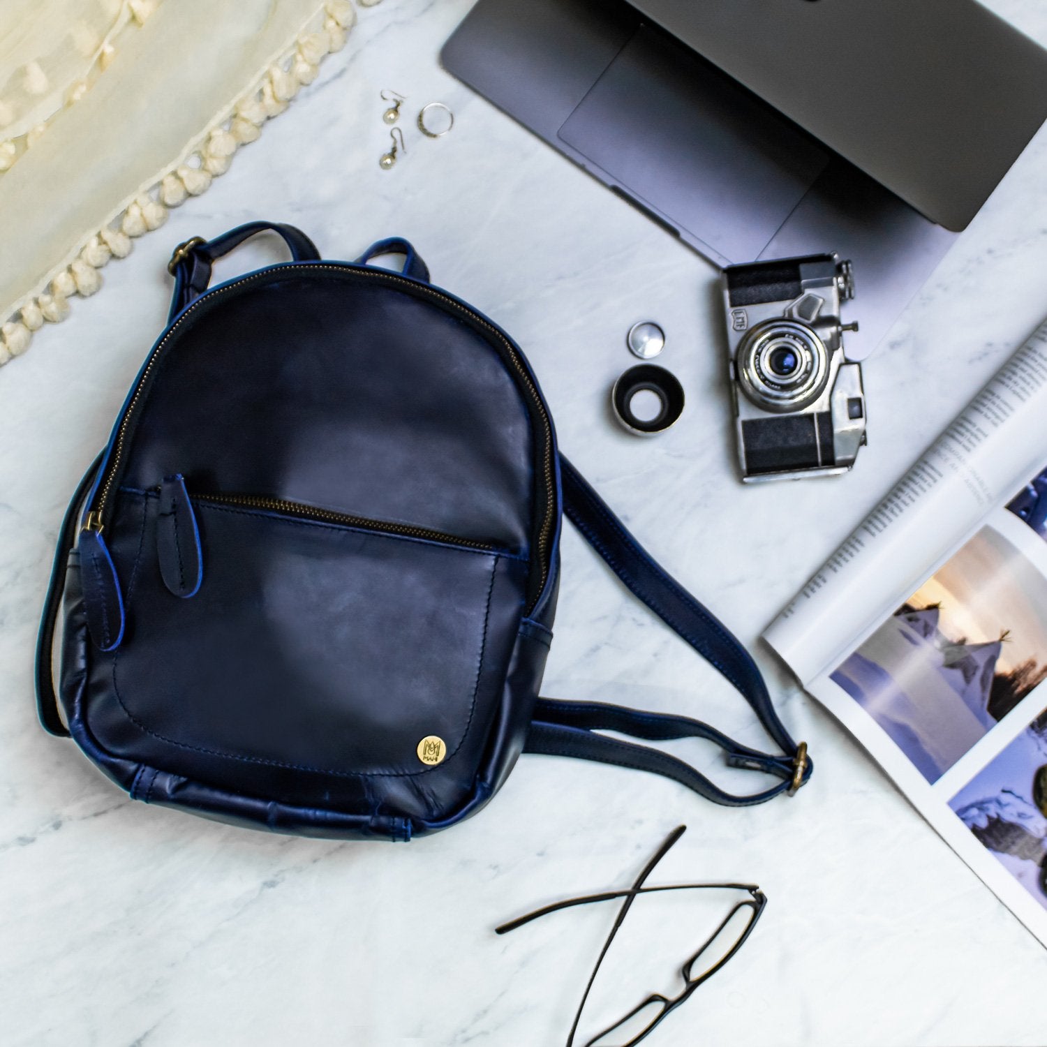 Small Navy Blue Leather Backpack for women - Stylish Leather Bag – MAHI ...