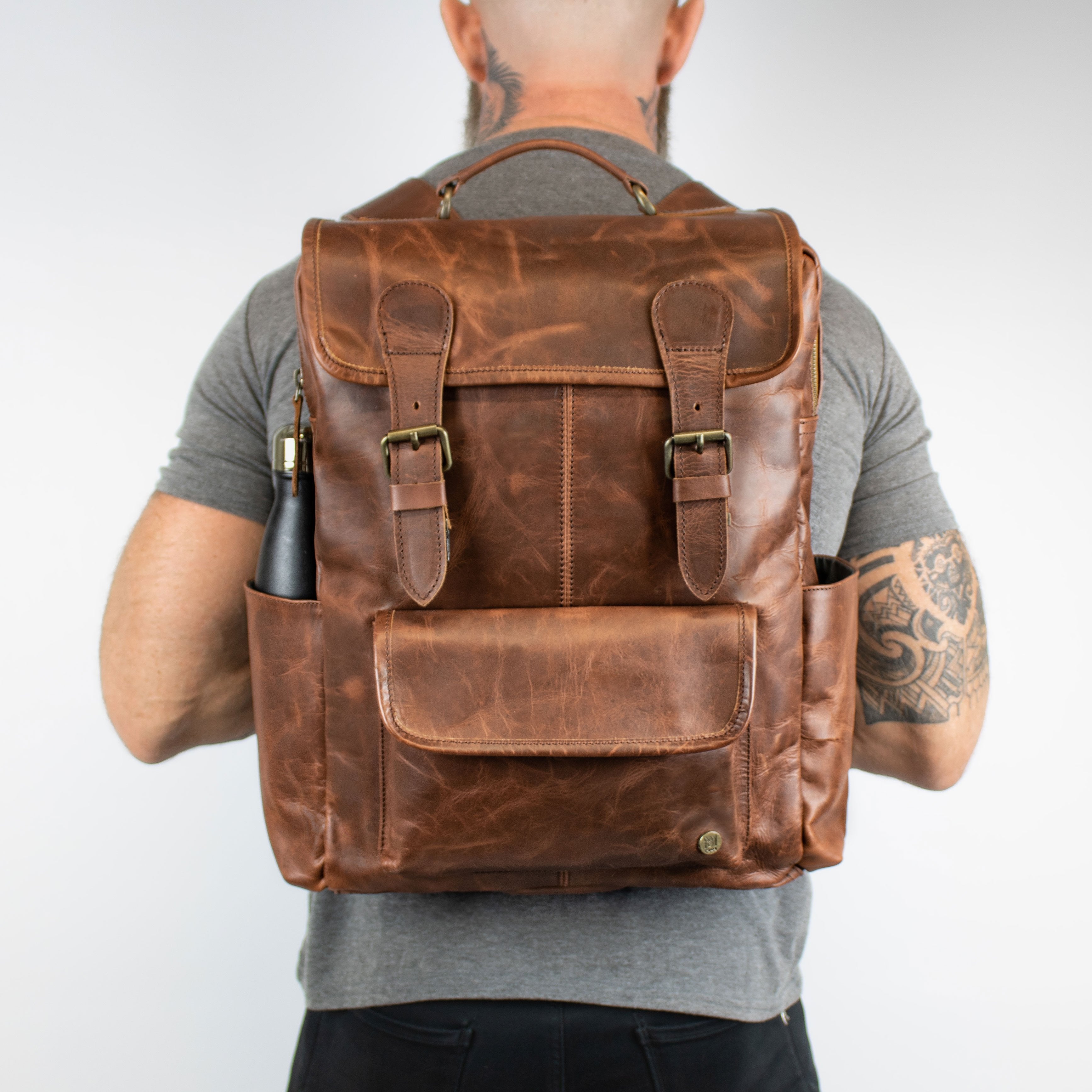 Square Brown Leather Backpack 16" Macbook Capacity | Back to School ...
