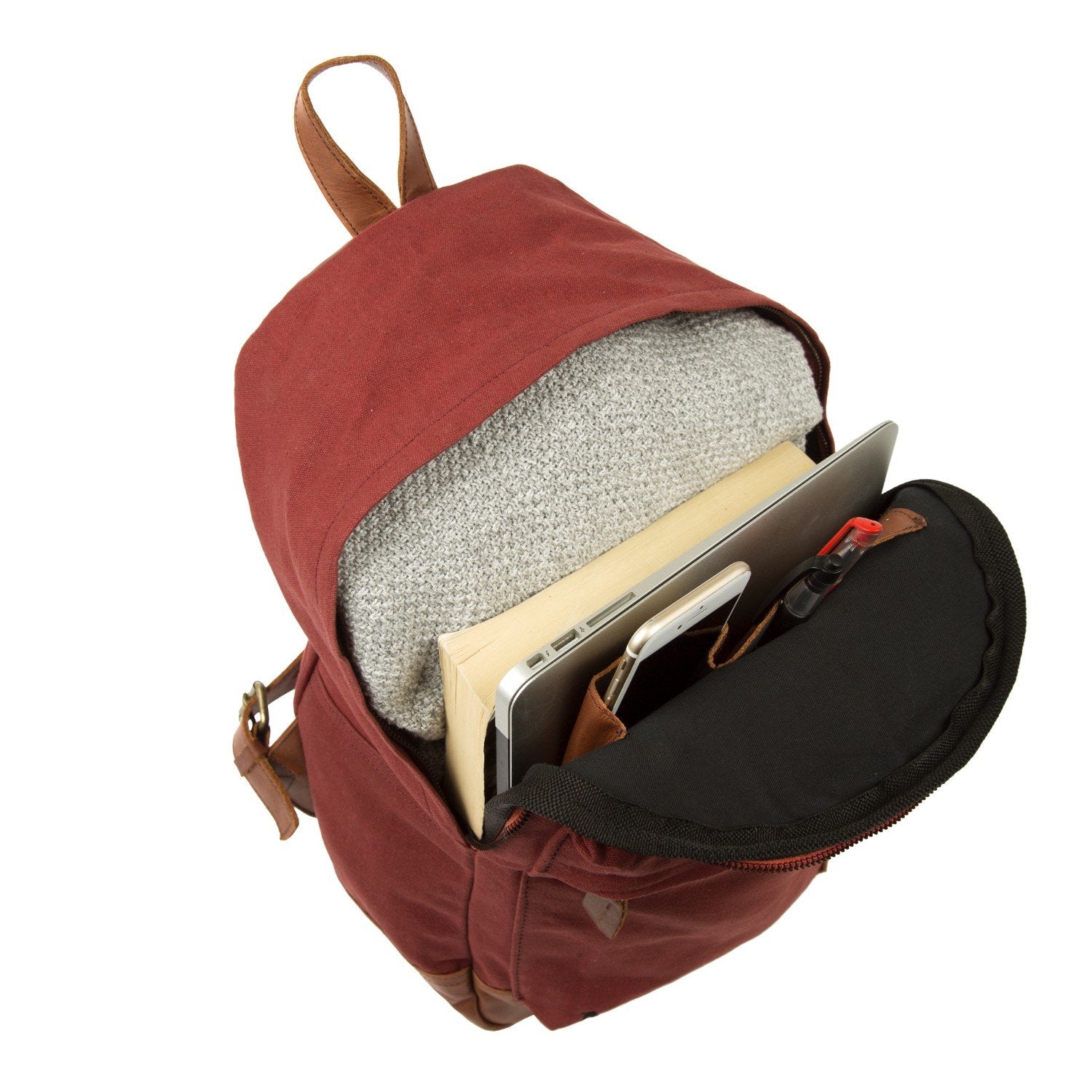 Red Canvas + Brown Leather Backpack - Ideal for School, University ...